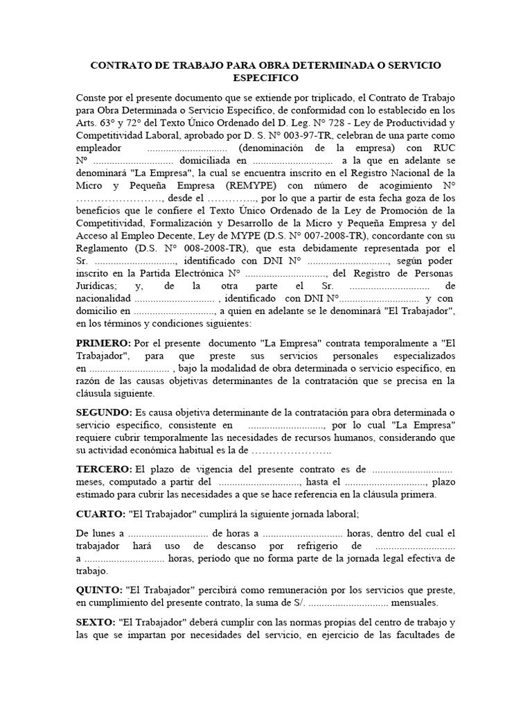 Contrato de Trabajo para Obra Determinada o Servicio Especifico | PDF | Derecho laboral ...