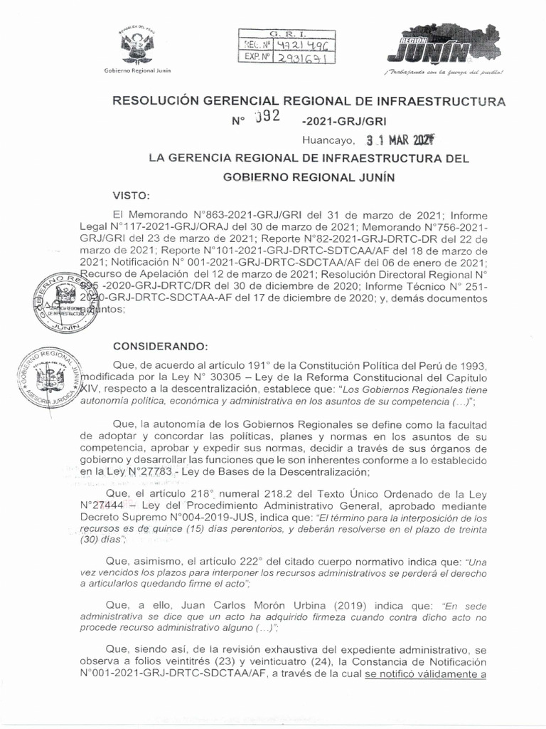 Resoluci n Gerencial Regional de Infraestructura N 092-2021-GR-JUNIN GRI | PDF | Apelación ...