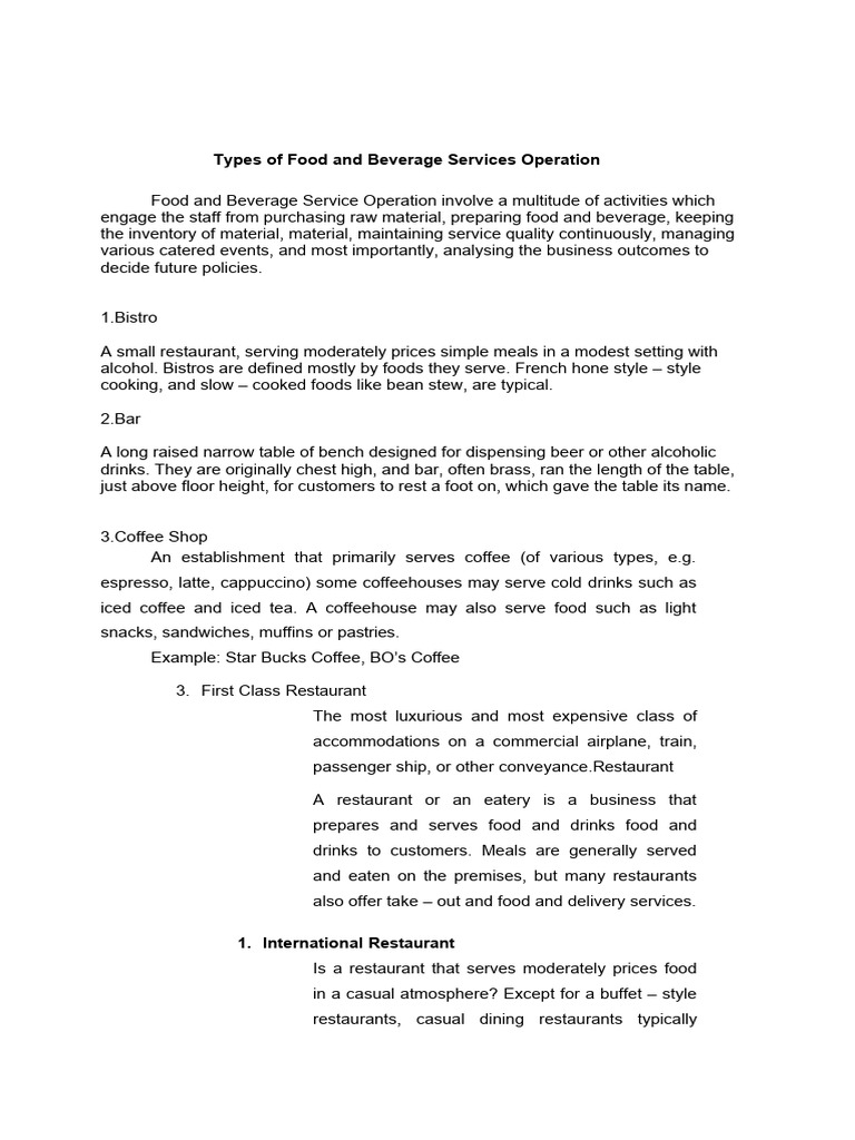 Types of Food and Beverage Services Operation | PDF | Restaurants | Bar ...
