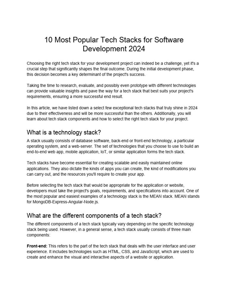 10 Most Popular Tech Stacks For Software Development 2024 | PDF | Ruby ...