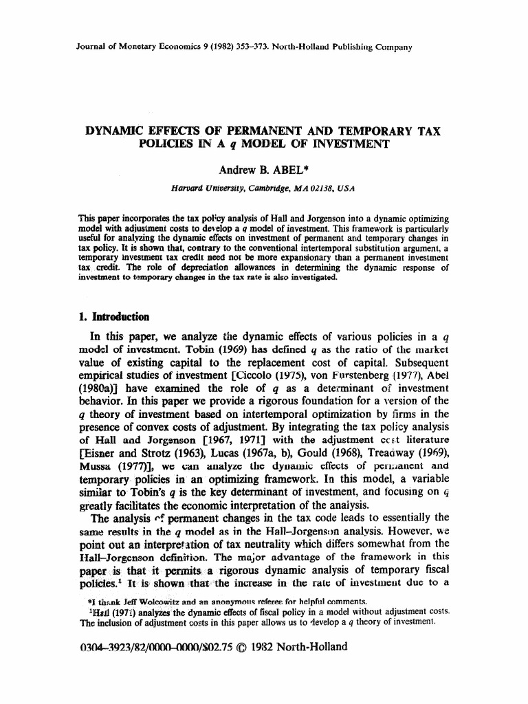 C Effects QF Pernianent and Temporary Tax Policies: A Q Model of Investment | PDF | Tax ...