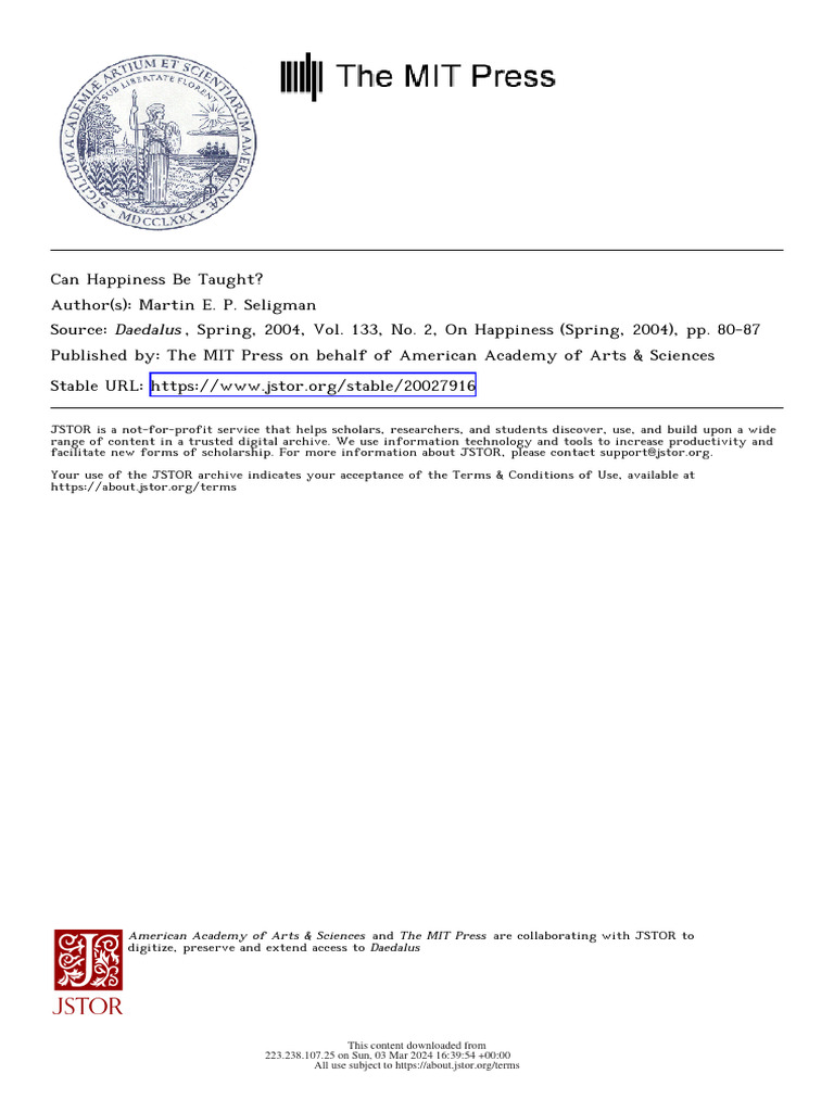 Seligman HappinessTaught 2004 | PDF | Positive Psychology | Happiness