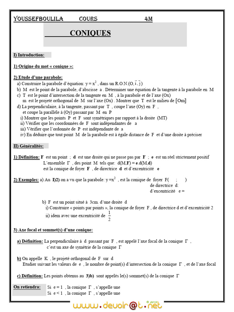 Cours - Math Coniques - Bac Mathématiques (2010-2011) MR Youssefboulila | PDF | Ellipse | Asymptote