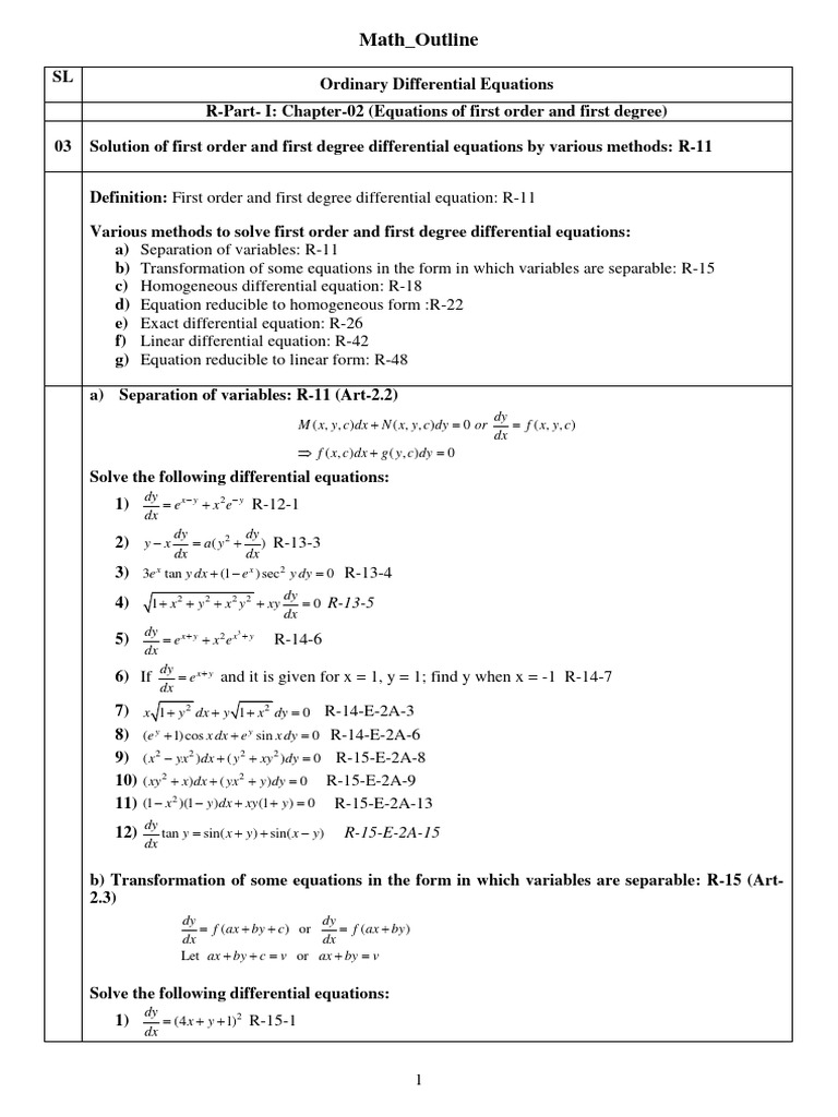 Math - Outline: Dy Mxycdx Nxycdy or Fxyc DX FXCDX Gycdy | PDF | Equations | Differential Equations