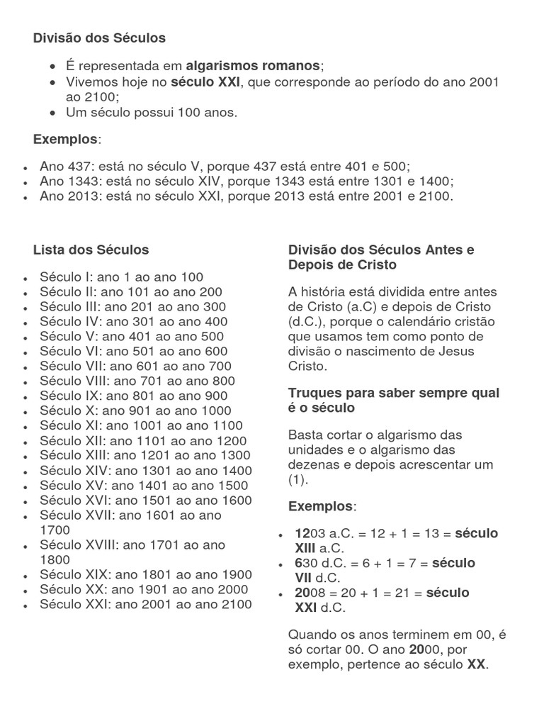 Divisão dos Séculos conteudo 6 ano | PDF