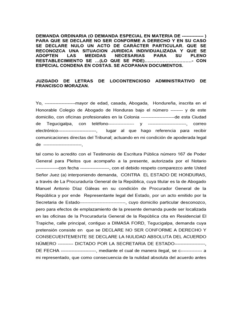Se Demanda Ordinaria para Que Se Declare No Ser Conforme A Derecho y en ...