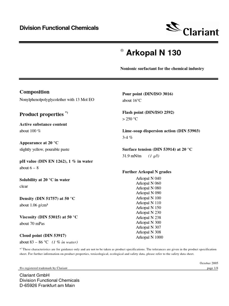 Arkopal N 130 - 106780 - TDS | PDF | Solubility | Salt (Chemistry)
