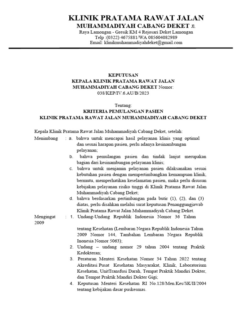SK Kriteria Pemulangan Pasien KMD | PDF