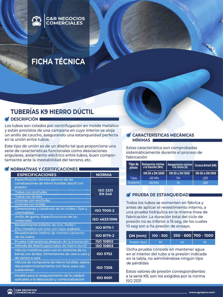Tuberia K9 Hierro Ductil-Ficha Tecnica 2024 | PDF