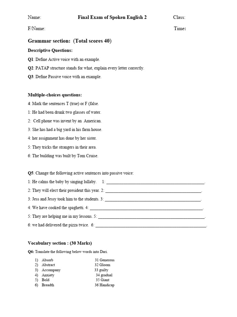 Final Exam For Spoken English Class 2 Pdf