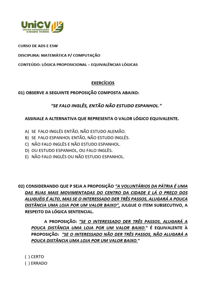 Exercícios - Lista 03 - LP - Equivalências Lógicas | PDF