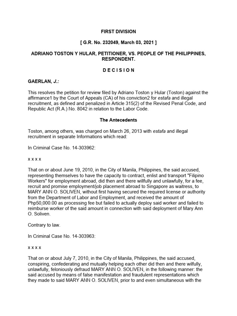 Toston's Conviction for Illegal Recruitment | PDF | Fraud | Recruitment