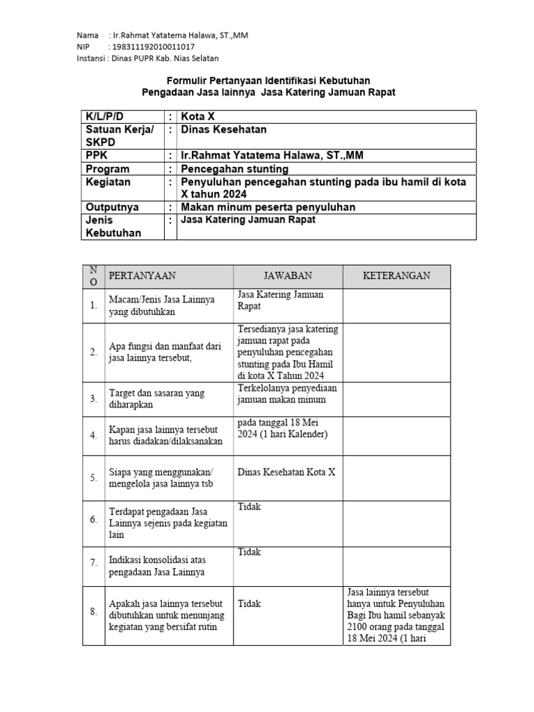 3.rahmat Y.Halawa-Lampiran 03 - Form Identifikasi Kebutuhan - PPK Tipe C 2024 | PDF