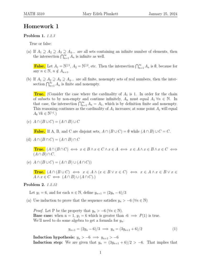 HW 1 Math 3310 | PDF | Empty Set | Intersection (Set Theory)
