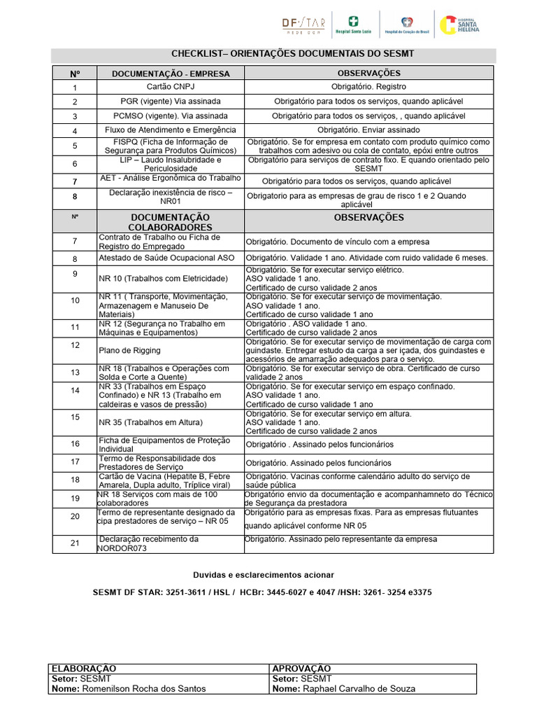 1.1. CHECKLIST RDSL - Orientações Documentais SESMT | PDF