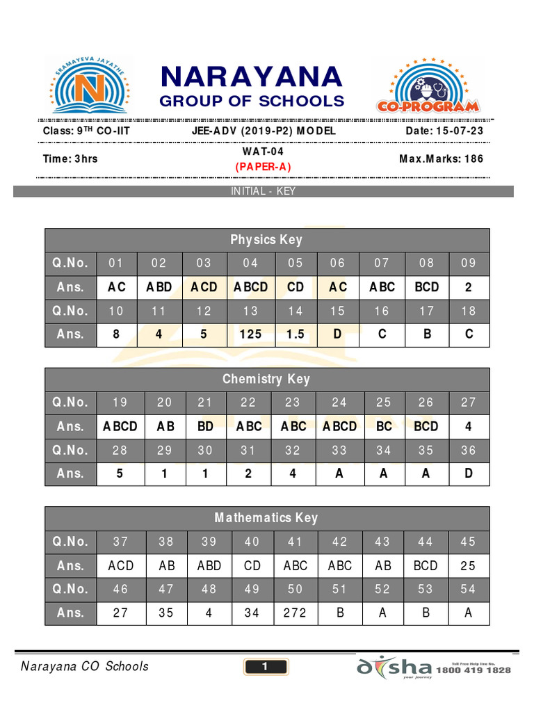 9 Sco Wat-4 (P-A) Adv 2019 P2 Key & Sol 15-07-2023 | PDF | Velocity ...