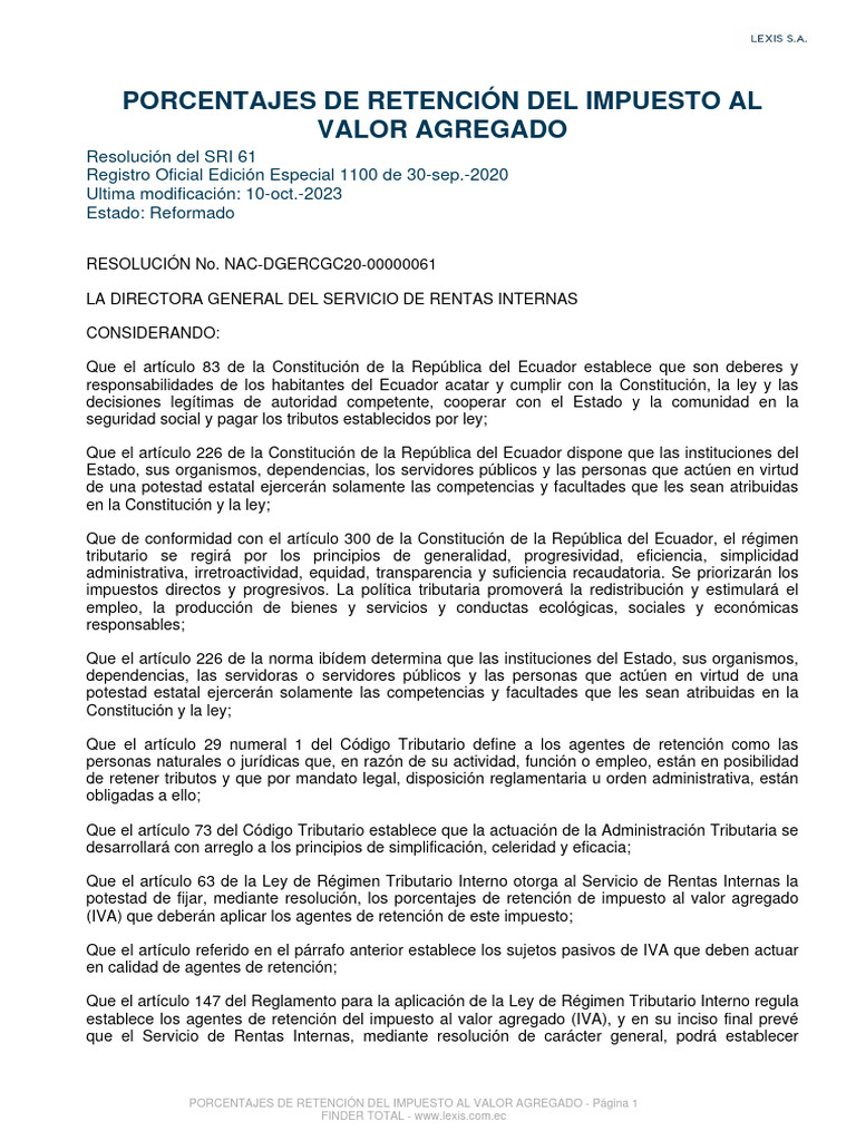 Resolución Nro. NAC-DGERCGC20-00000061 (10.2023 - LEXIS) | PDF | Impuesto al valor agregado ...