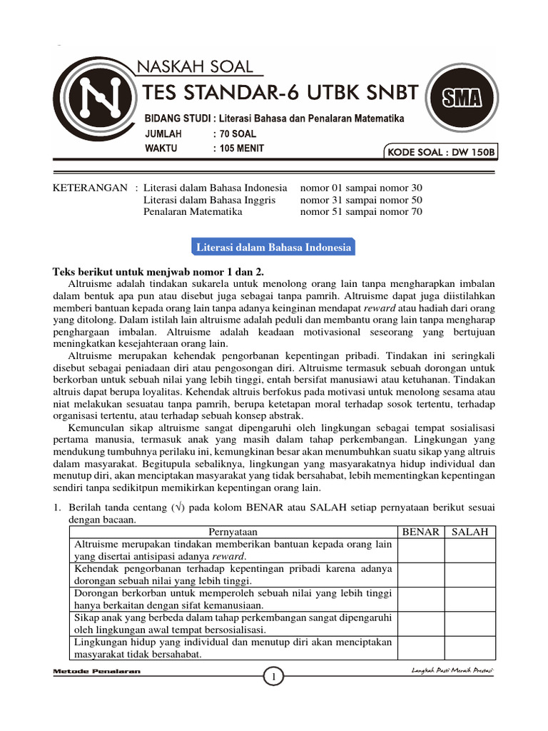 REVISI DW150B TS6 UTBK SNBT - Literasi Bahasa Dan Penalaran | PDF | Ilmu Sosial | Pengembangan Diri