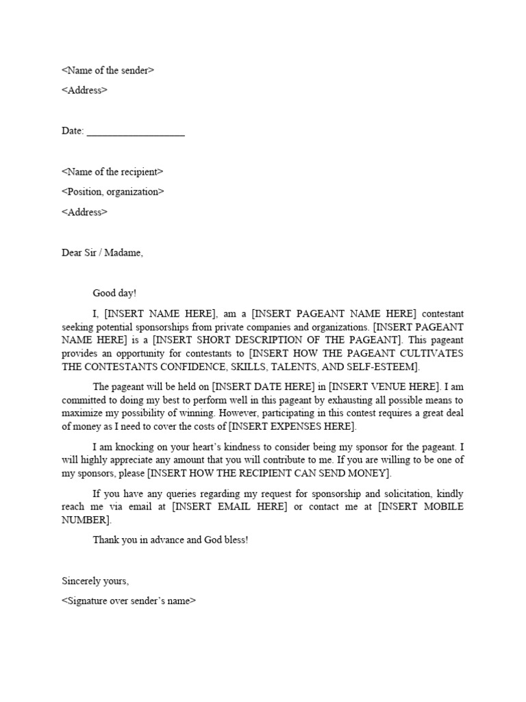 Solicitation Letter Sample Template For Pageant | PDF