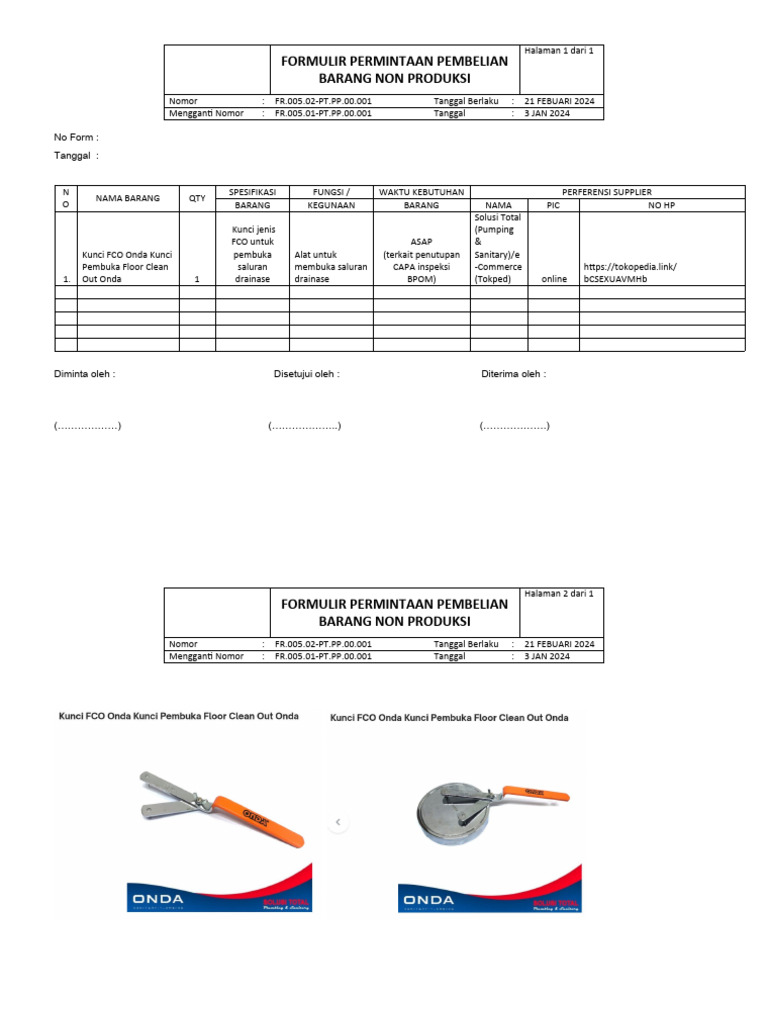 Formulir Permintaan Pembelian Barang Non Prod - Kunci FCO Onda Kunci Pembuka Floor Clean Out ...