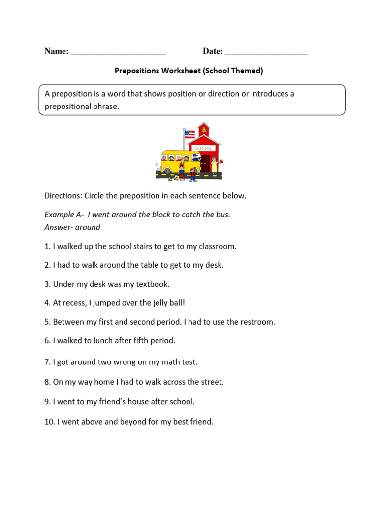 Prepositions Worksheet School Themed Intermediate | PDF