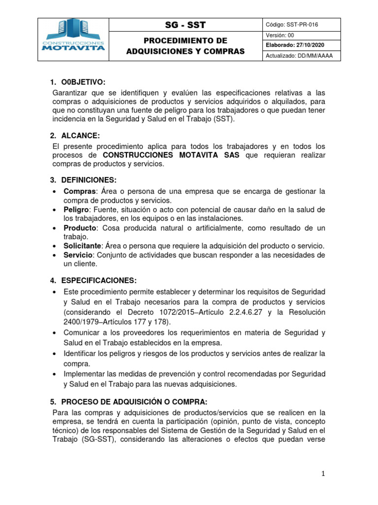 SST-PR-016 PR. Adquisiciones y Compras | PDF | Business