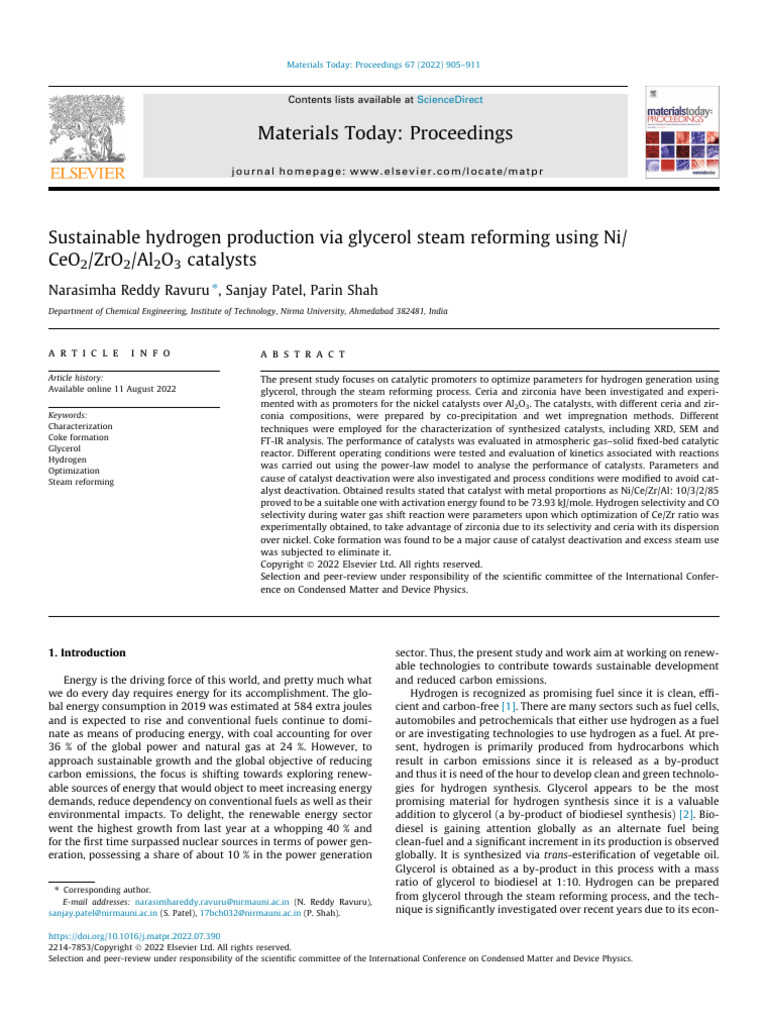 Sustainable Hydrogen Production Via Glycerol Steam Reforming Using Ni ...