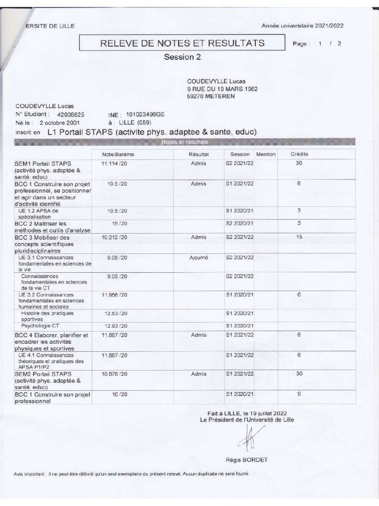 Relevé de Note L1S1 | PDF
