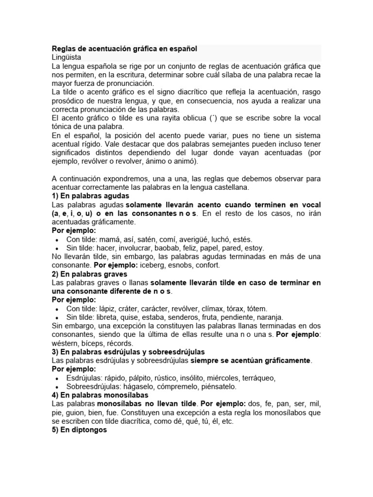 Reglas de Acentuación Gráfica en Español | PDF | Asunto (gramática ...