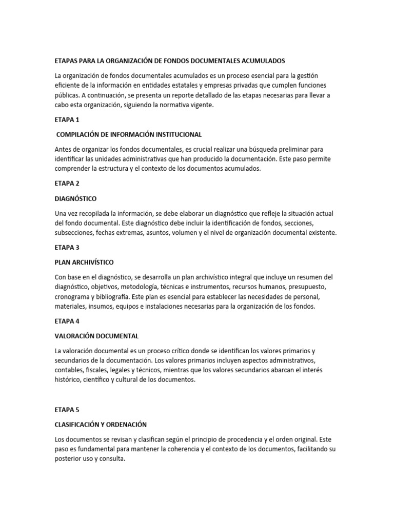 Etapas para La Organización de Fondos Documentales Acumulados 2 | PDF