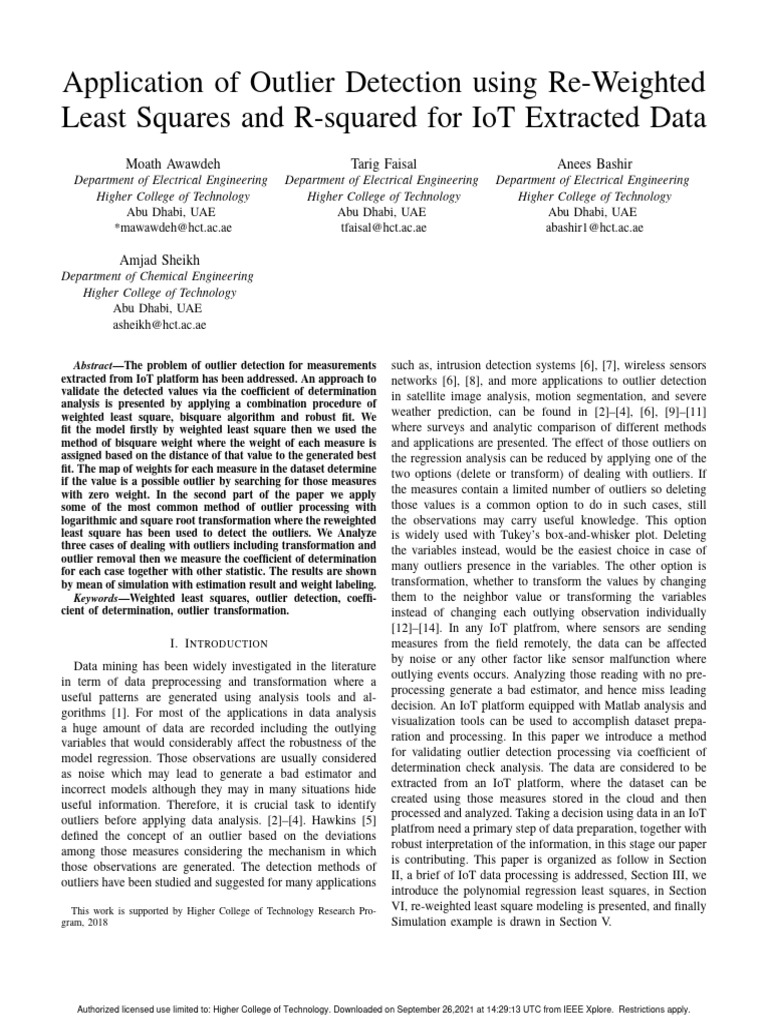 C 2019 Application Of Outlier Detection Using Re Weighted Least Squares And R Squared For Iot