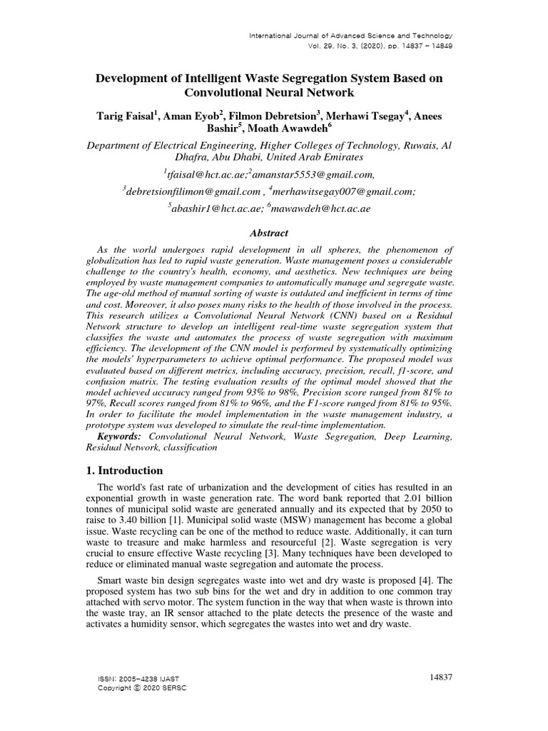 (J) 2020 - Development of Intelligent Waste Segregation System Based On Convolutional Neural ...