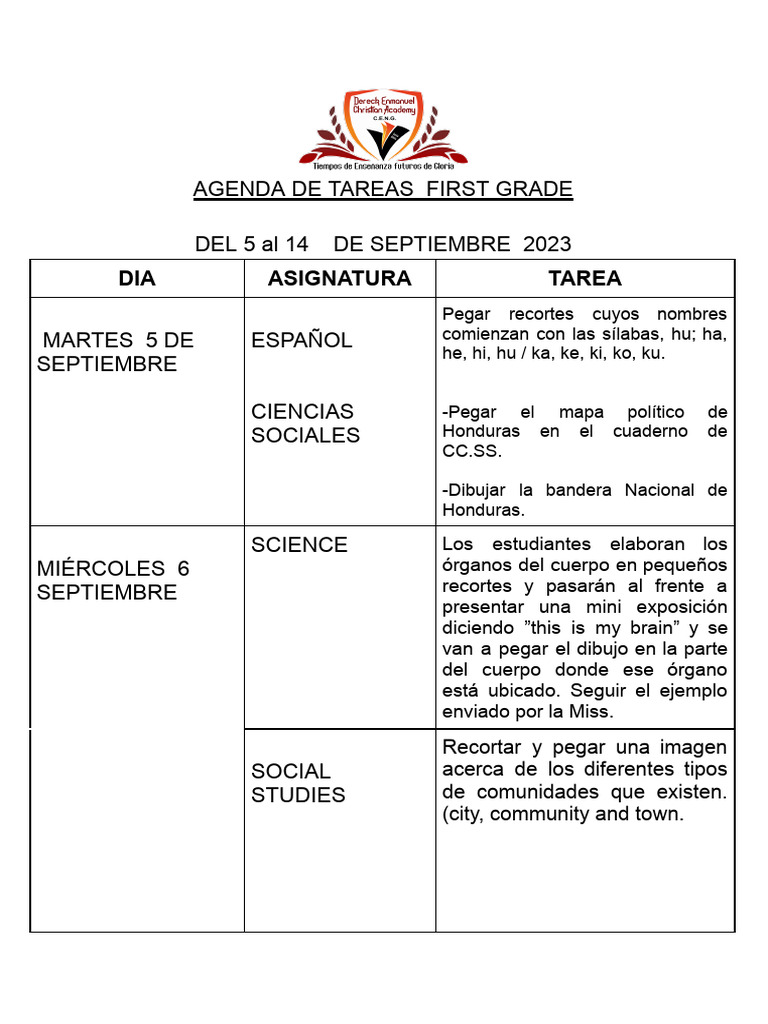 Agenda de Tareas First Grade | PDF | Lingüística