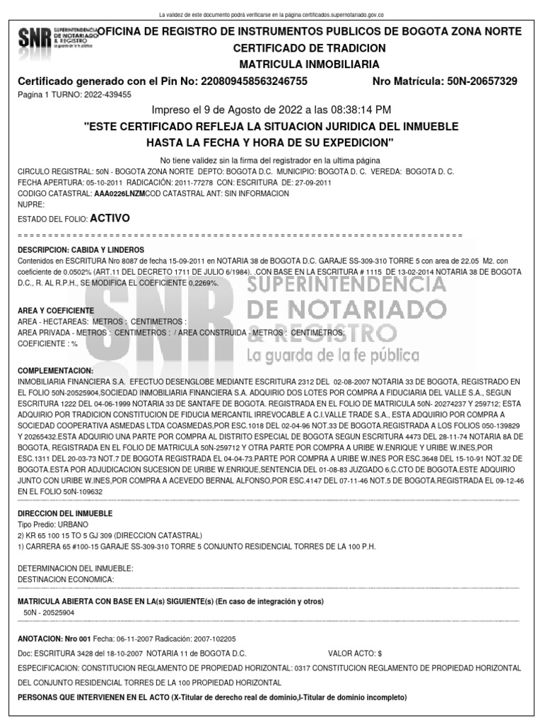 Certificado De Tradición Y Libertad Vigente Pdf