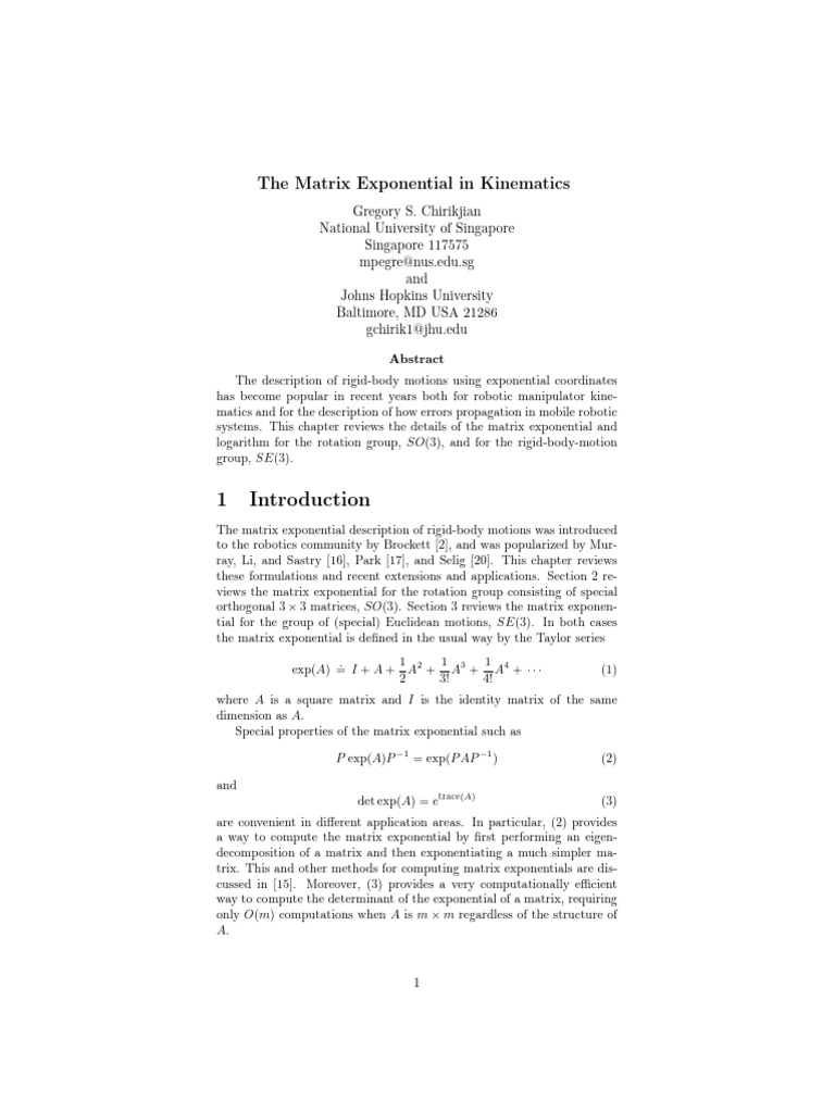Chirikjian The Matrix Exponential in Kinematics | PDF | Matrix (Mathematics) | Exponential Function