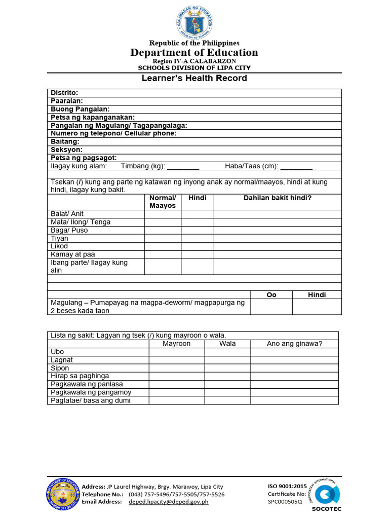 Learners Health Record | PDF