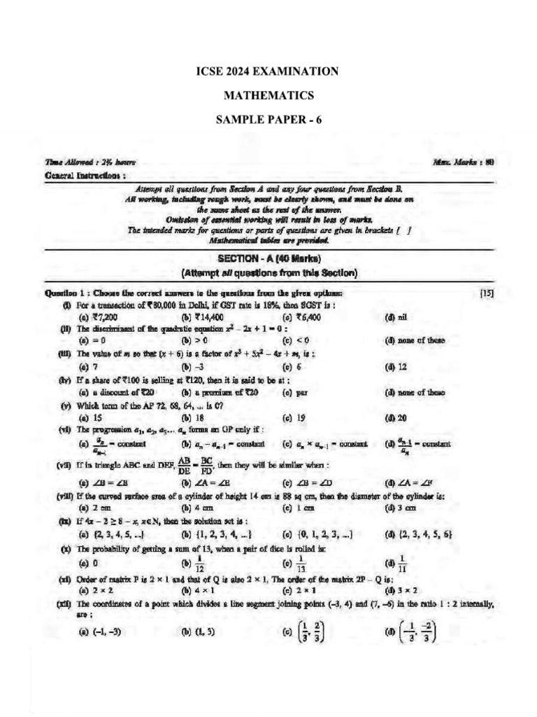 10th Icse Mathematics Sample Paper - 6 | PDF 10th Icse Mathematics Sample Paper - 6 | PDF