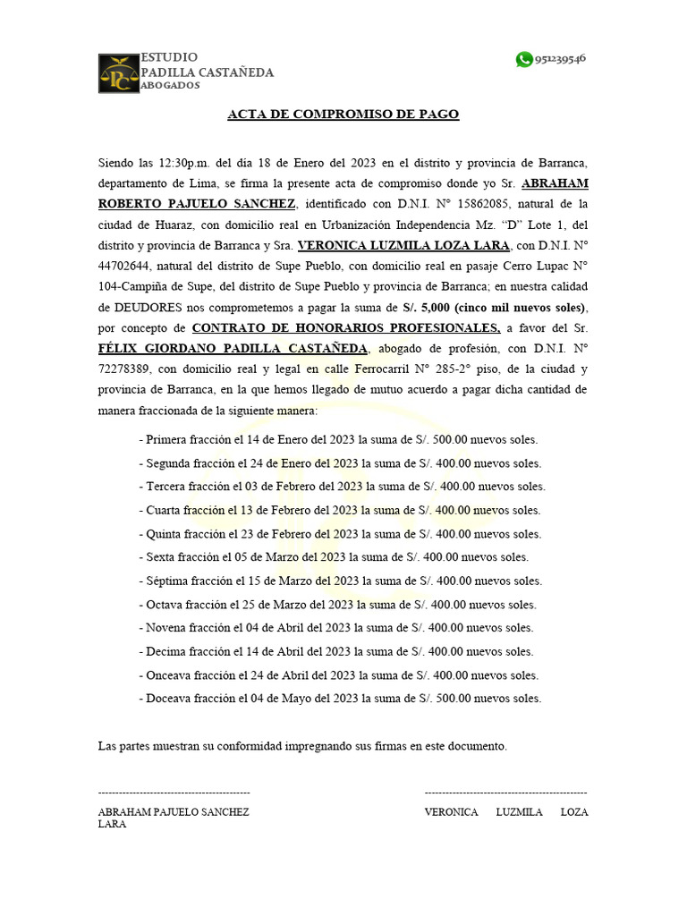 Modelo de Acta de Compromiso de Pago | PDF