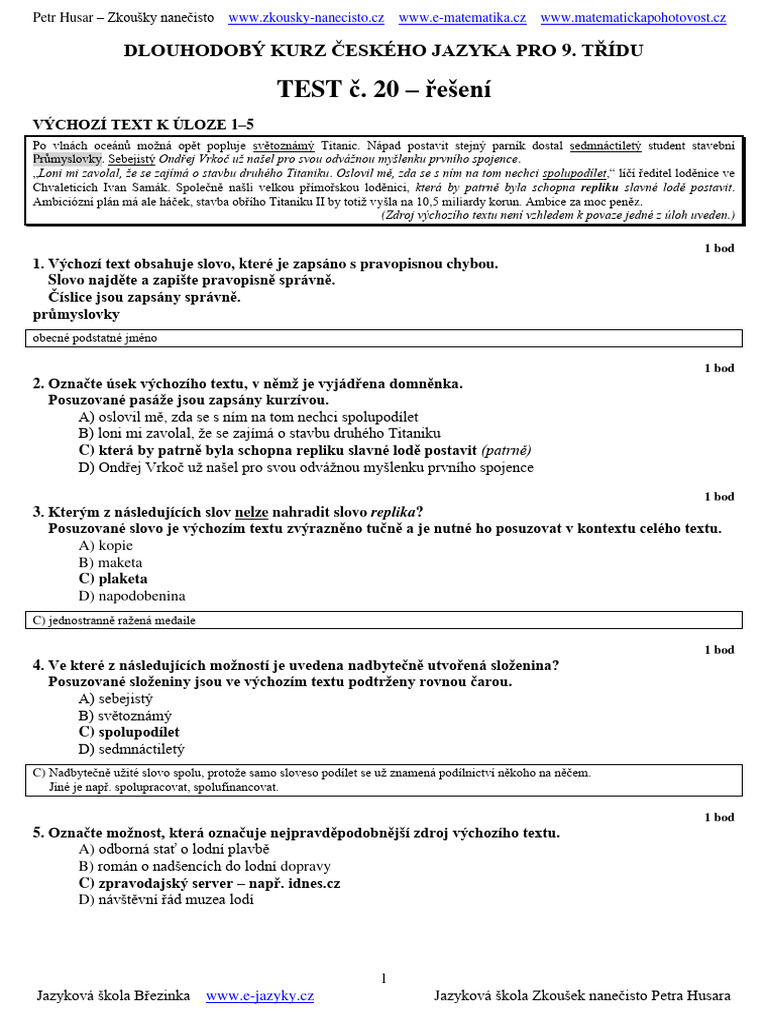 Dlouhodoby Kurz 9. Trida - 20. Lekce - Test Reseni | PDF