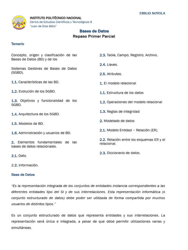 Bases de Datos - Repaso Primer Parcial - Emilio Noyola | PDF | Bases de datos | Modelo relacional