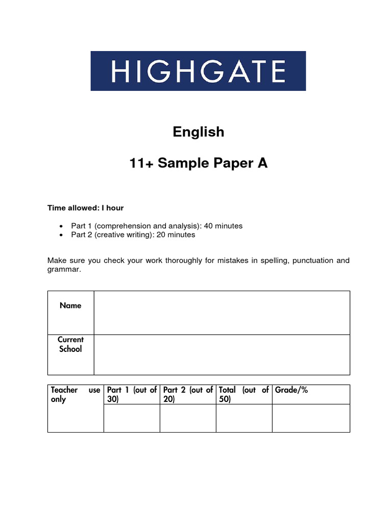 Highgate School 11 Plus English Sample Paper A | PDF