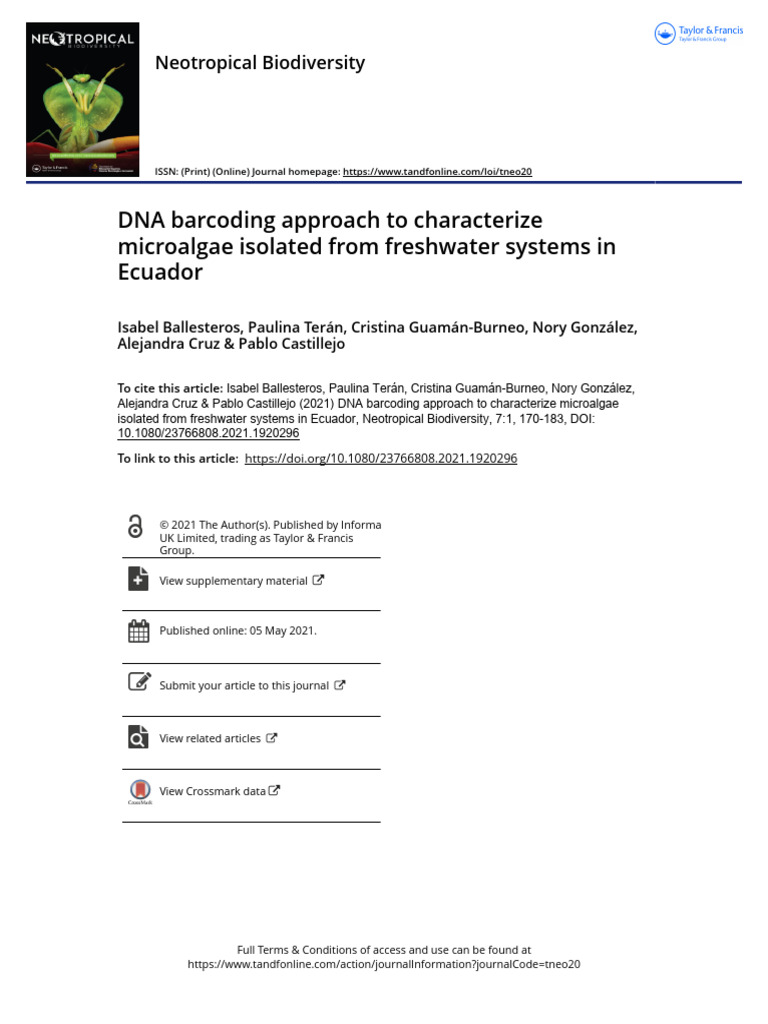 DNA Barcoding Approach To Characterize Microalgae Isolated From Freshwater Systems in Ecuador ...