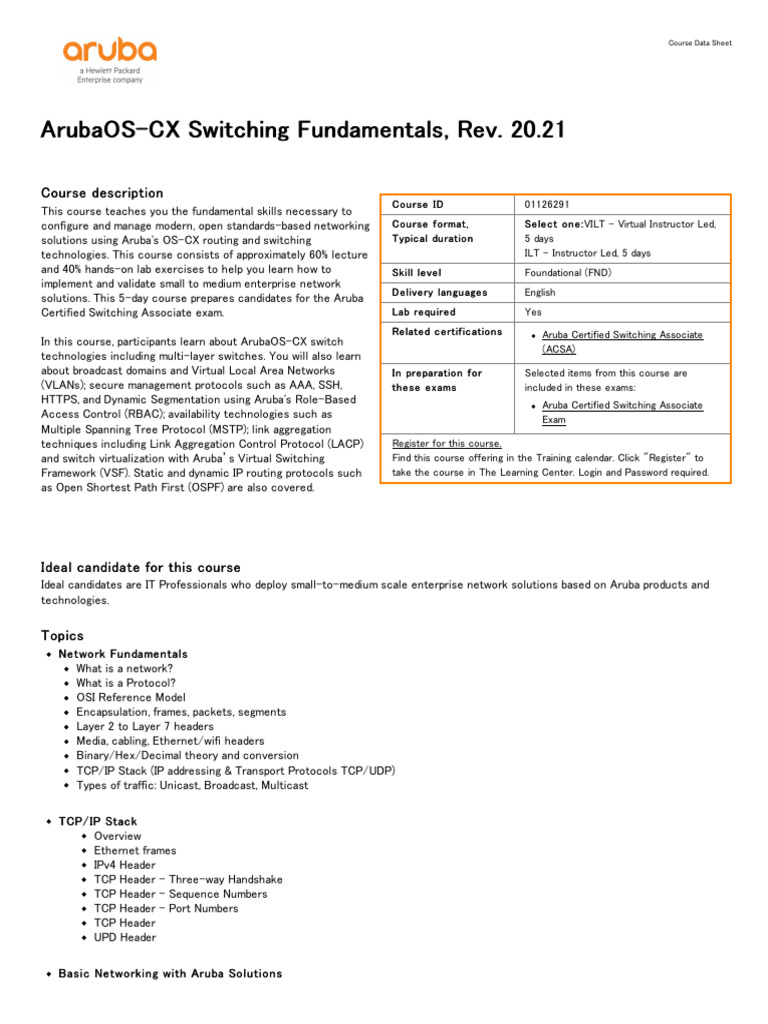 ArubaOS CX Switching Fundamentals Datasheet | PDF | Transmission ...
