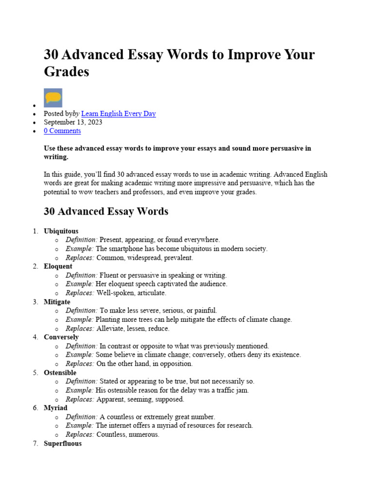 30 Advanced Essay Words to Improve Your Grades | PDF | Essays