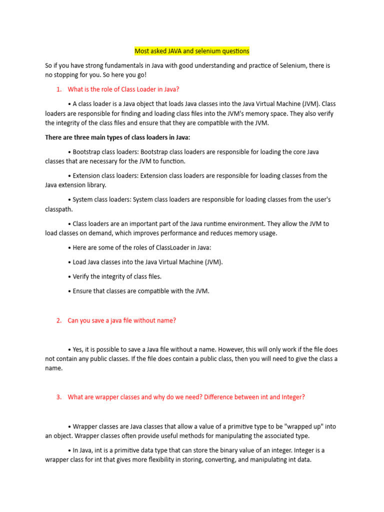 Most Asked JAVA and Selenium Questions | PDF | Method (Computer Programming) | Class (Computer ...