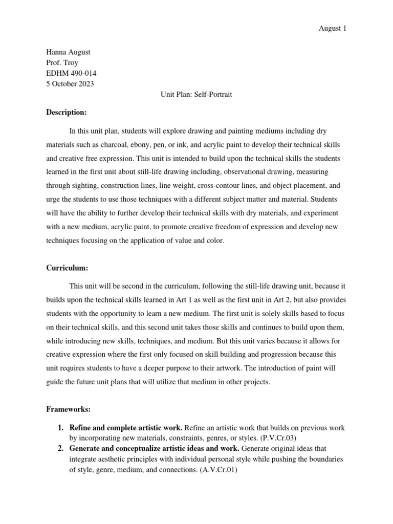 Unit Plan - Self-Portrait | PDF | Drawing | Experience