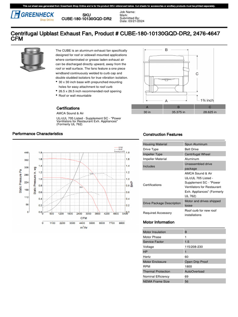 GreenheckShop ProductCutSheet CUBE 180 10130GQD DR2 20240321110027 | PDF