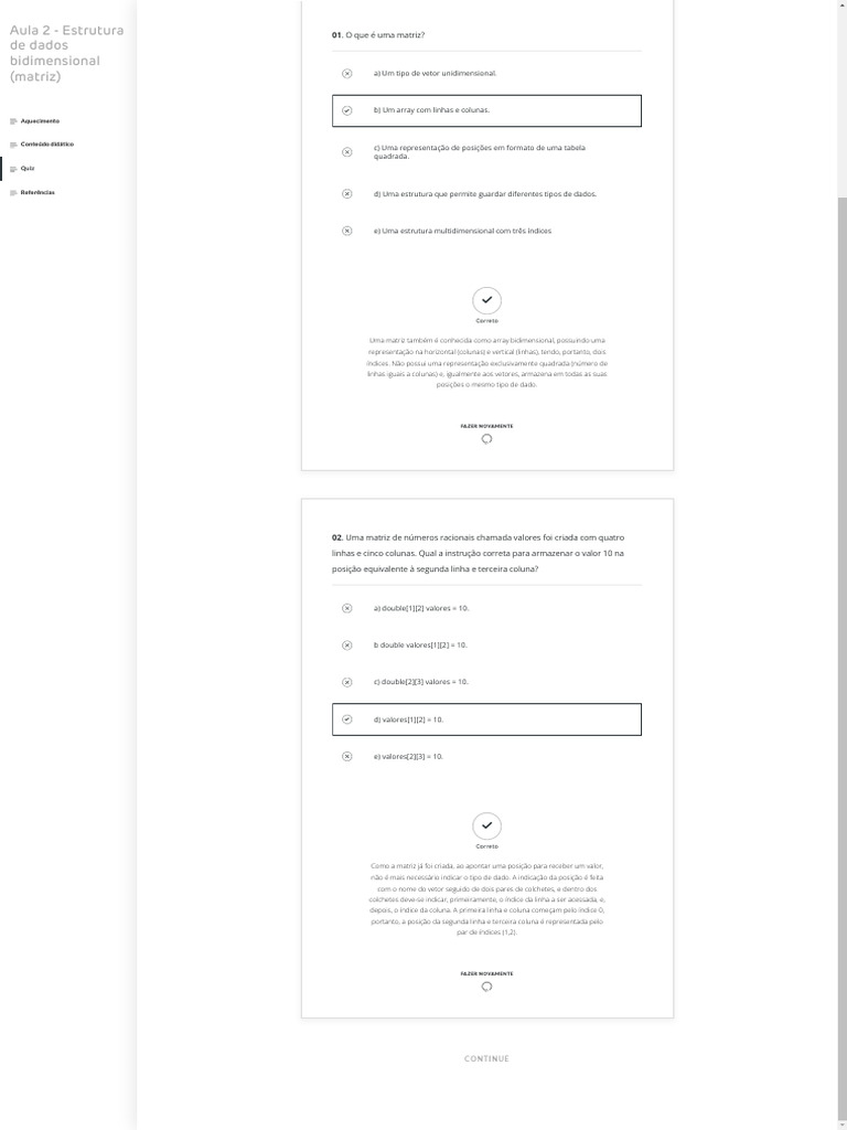 Quiz - Aula 2 - Estrutura de Dados Bidimensional (Matriz) | PDF | Matriz (Matemática) | Dados de ...