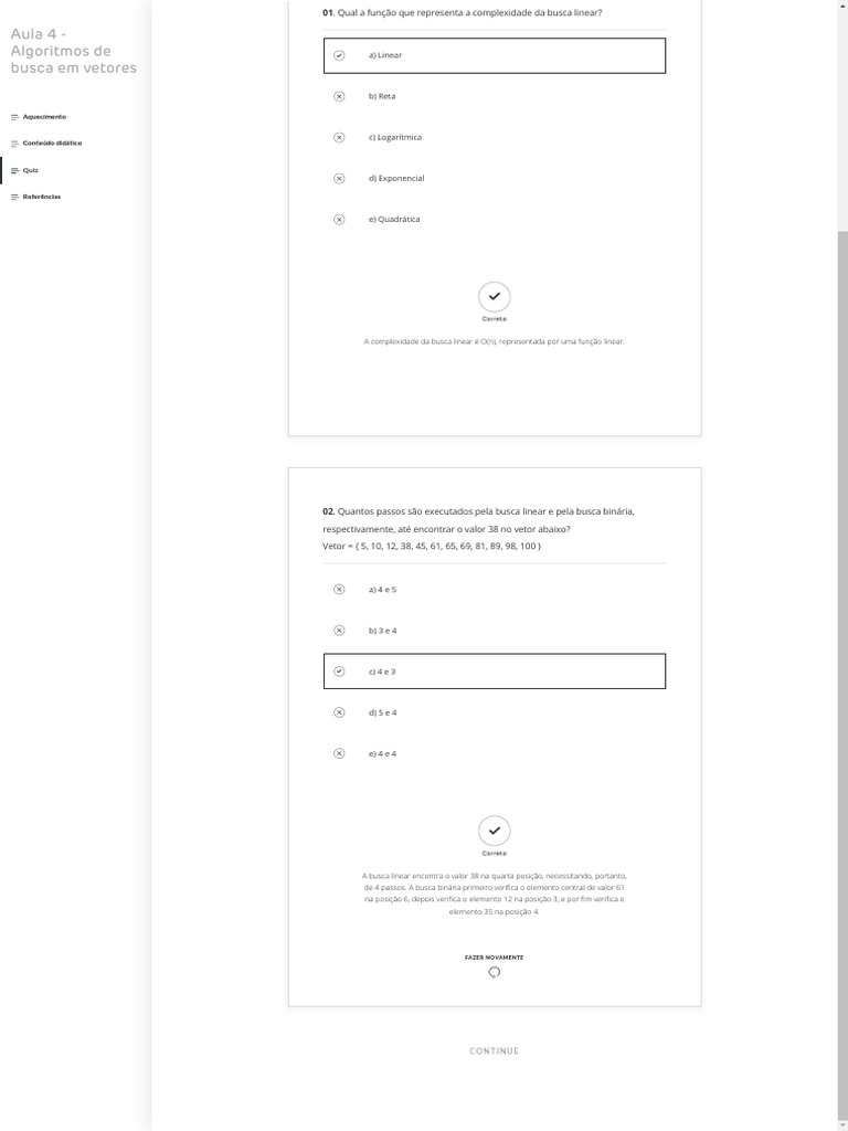 Quiz - Aula 4 - Algoritmos de Busca em Vetores | PDF