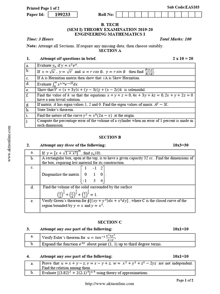 Btech 1 Sem Engineering Mathematics 1 Eas103 2020 | PDF | Matrix ...